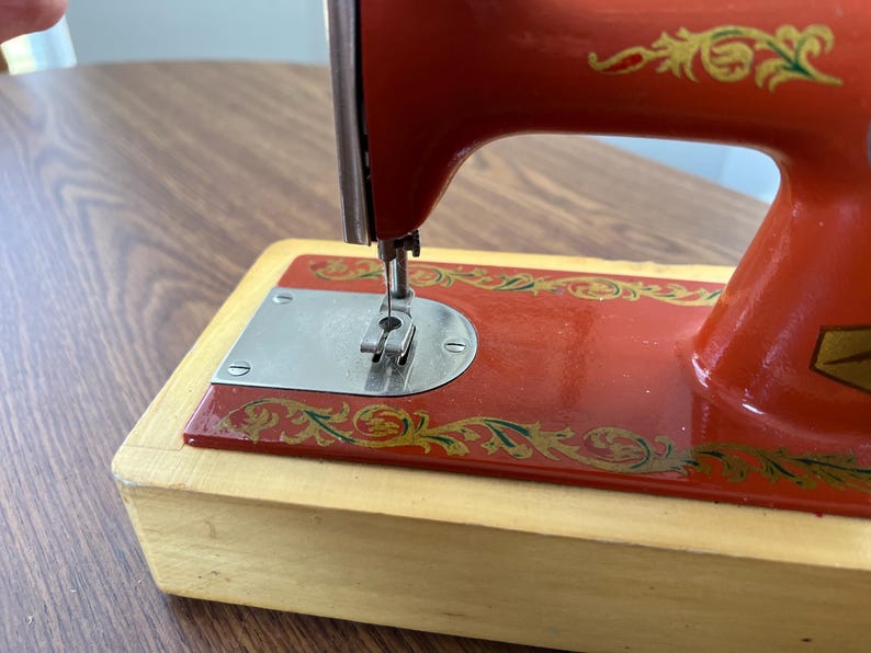 Vintage USSR Toy Sewing Machine | Red Metal, Wooden Base | Working ...