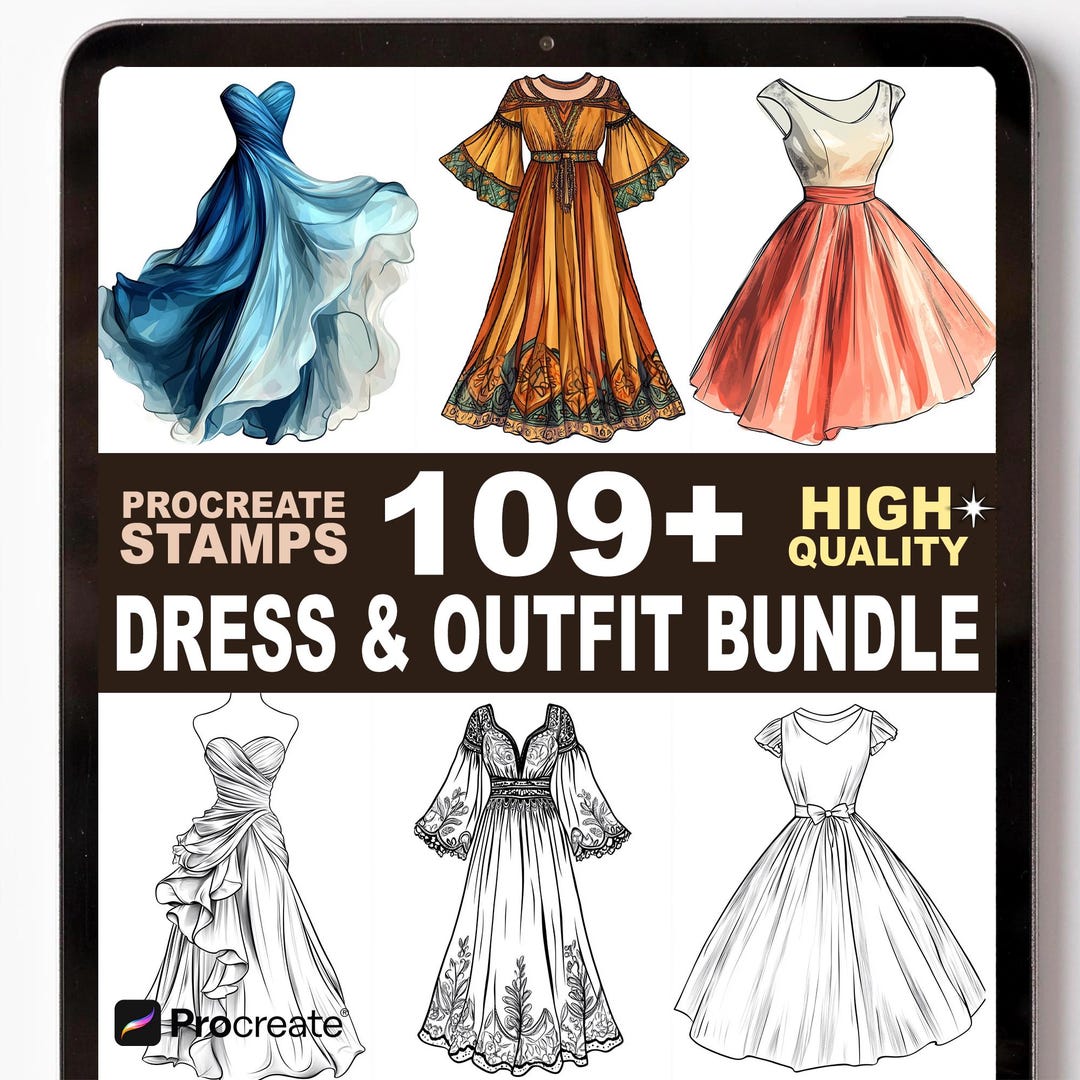 Dress & Outfit Procreate Stamps Set | 109+ Fashion Clothes Figure ...