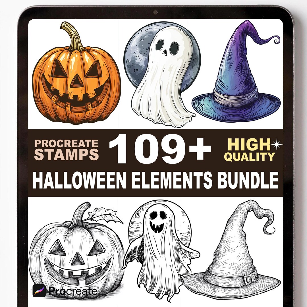 Halloween Elements Drawing Procreate Stamps Set | 109+ Spooky Ghost ...
