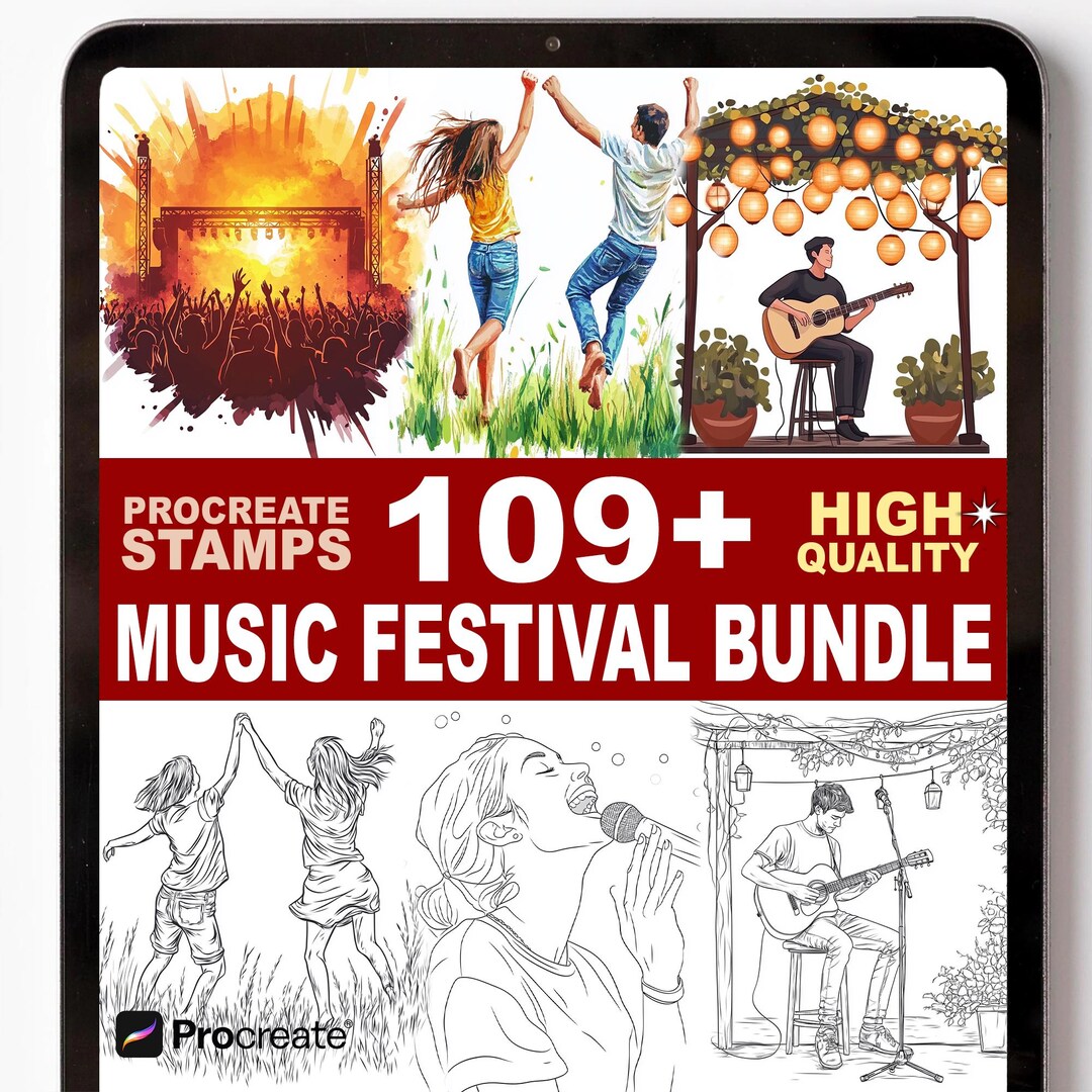 109+ Music Festival Field Procreate Stamps – Stage, Crowd & Guitar ...