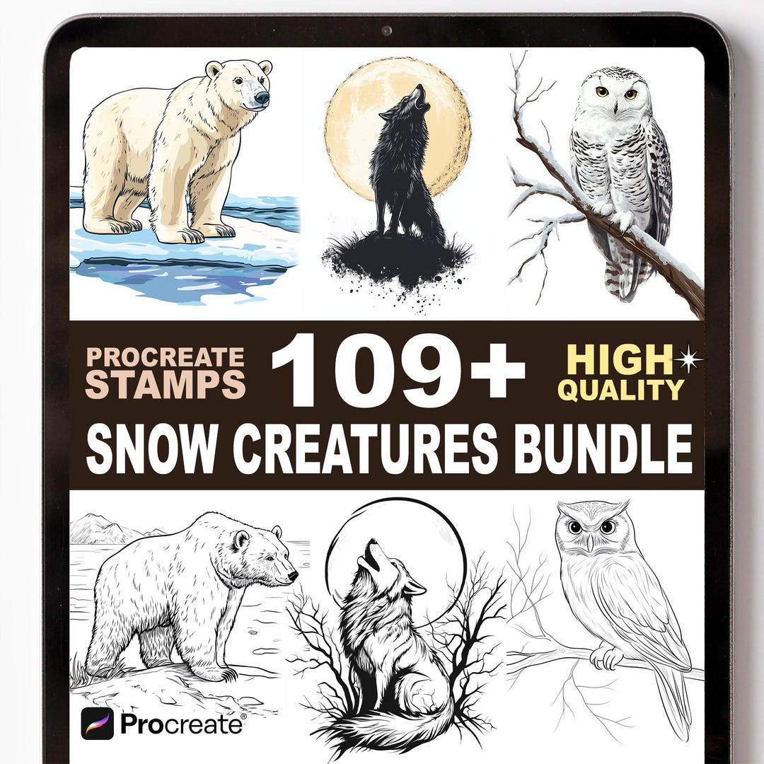 109+ Snow Creatures Procreate Stamp Set – Winter Animals, Polar Scenes ...
