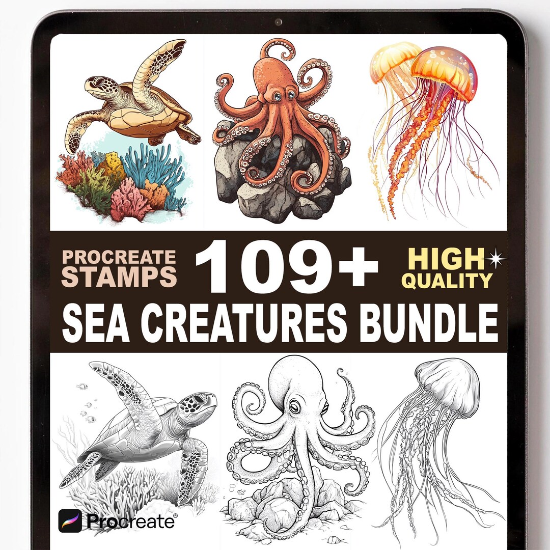 109+ Sea Creatures Procreate Stamp Set – Fish, Jellyfish, Octopus, and ...