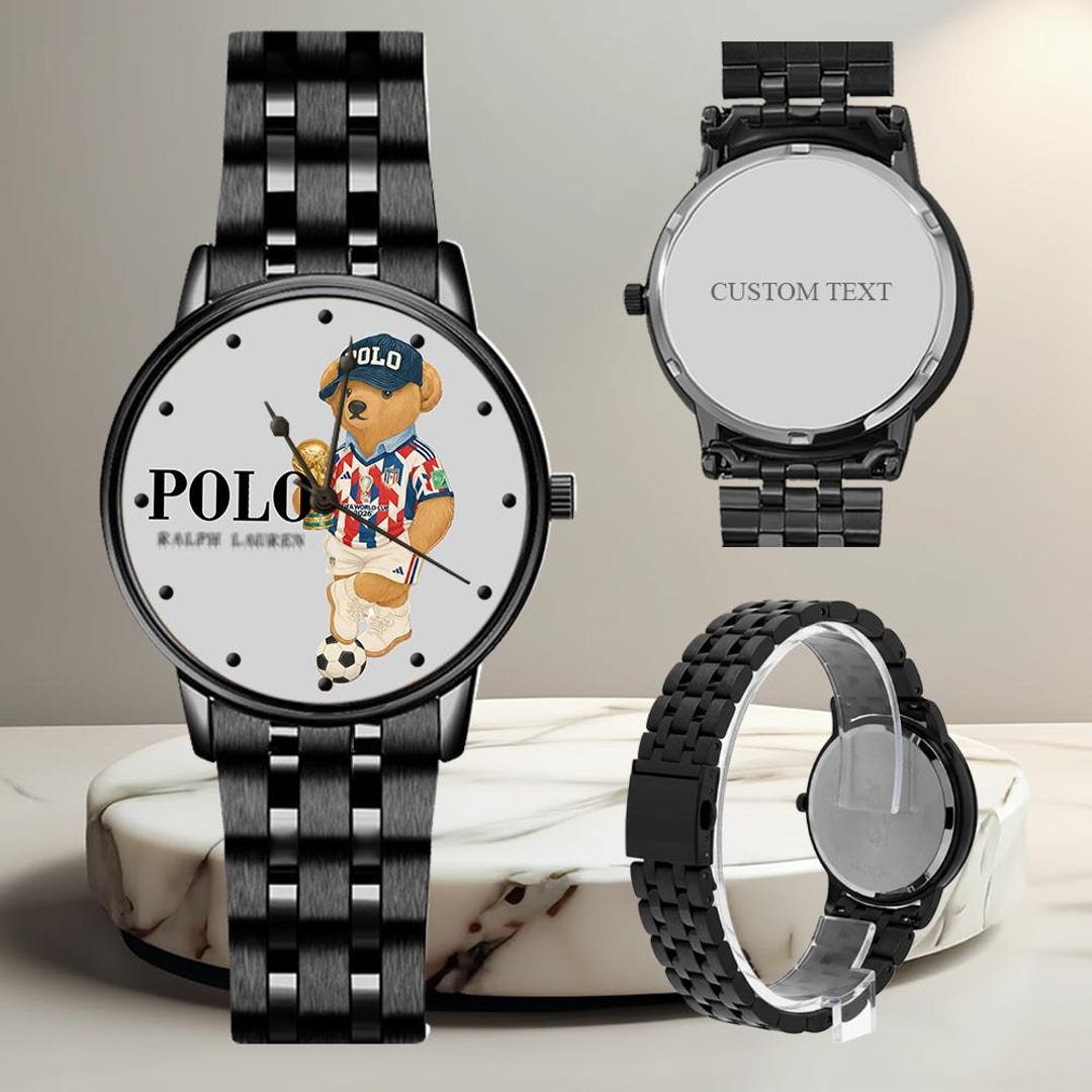 Preppy Soccer Bear Watch, USA Polo Style Teddy Custom Text Black Steel ...
