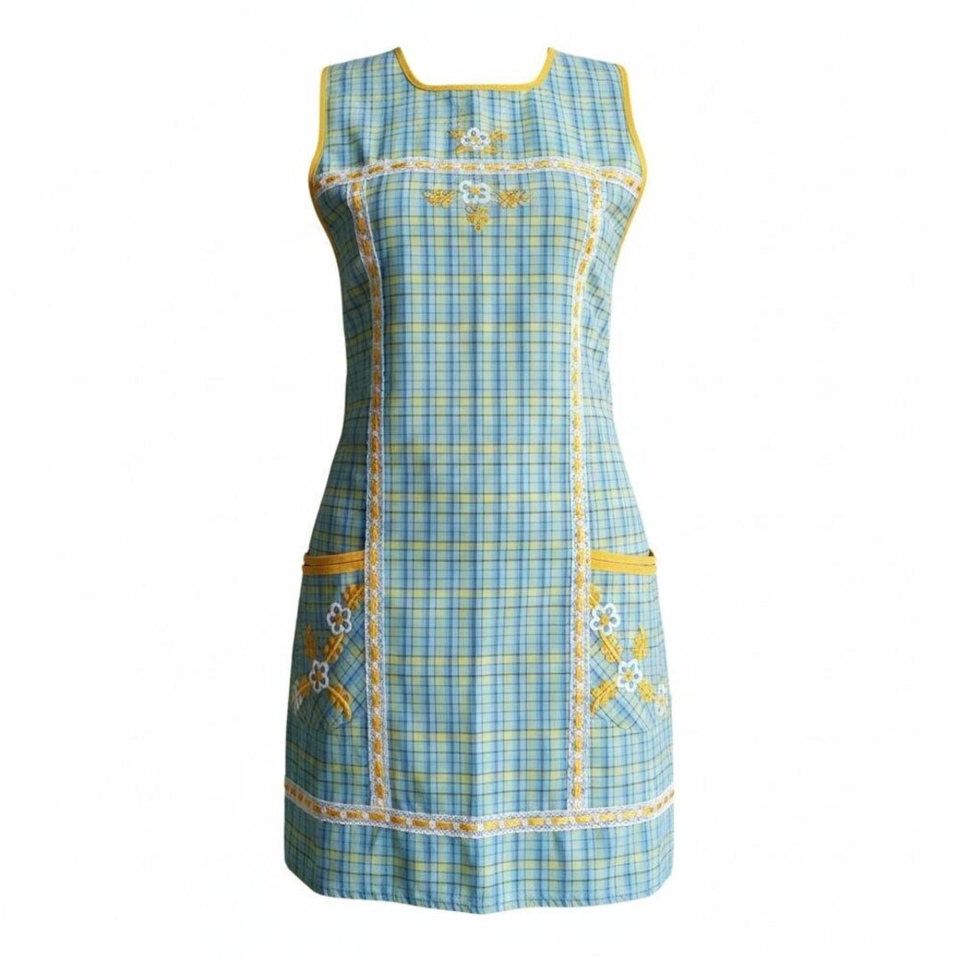 Mexican Mandil Aprons Plaid Ribbon Embroidered Roomy Pockets Retro Tie ...