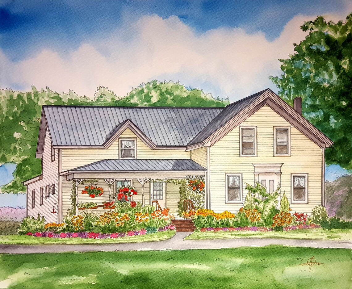 Custom House Portrait in Watercolor Home Portrait Gift for - Etsy
