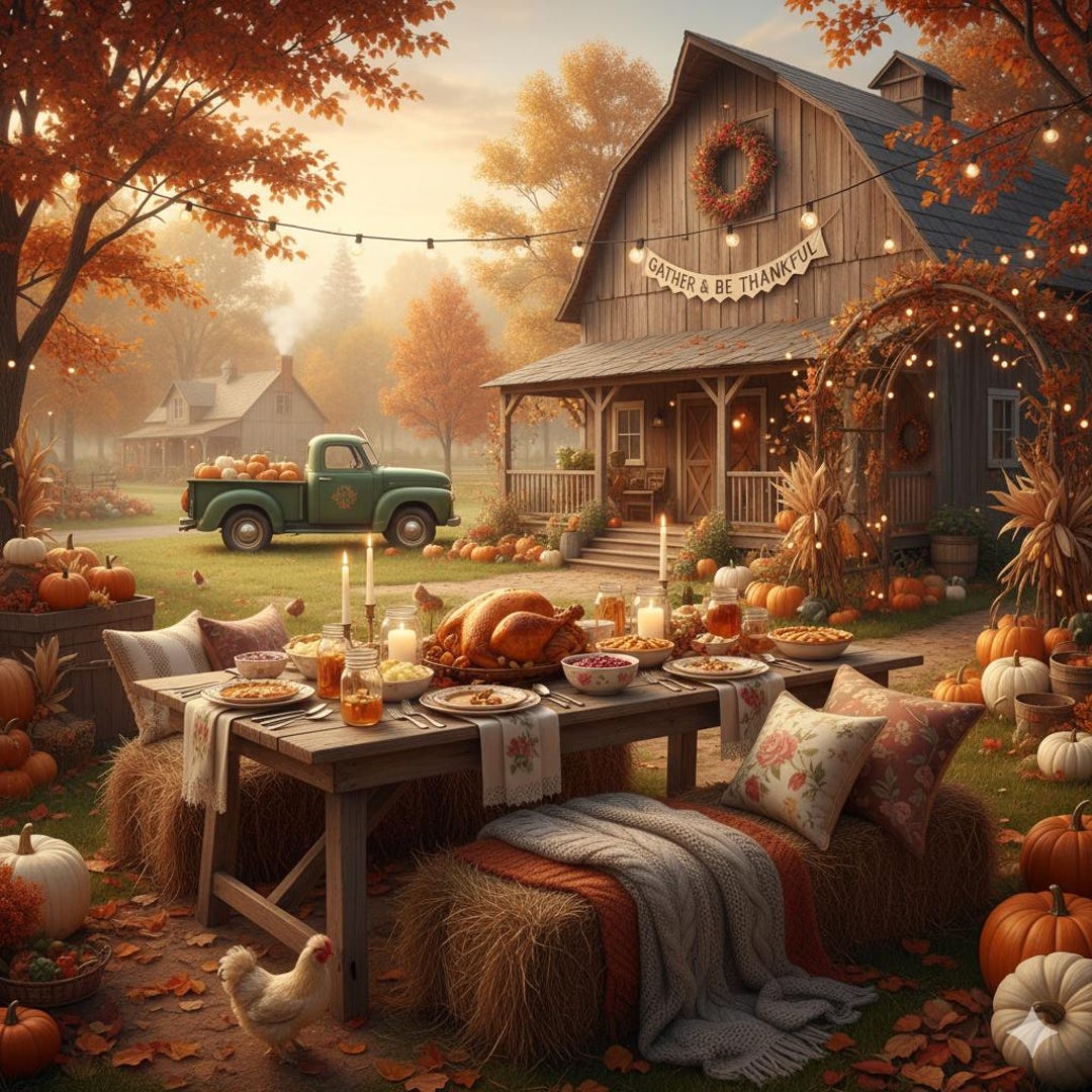 Farmhouse Thanksgiving Dinner Art Print | Rustic Autumn Decor (digital ...