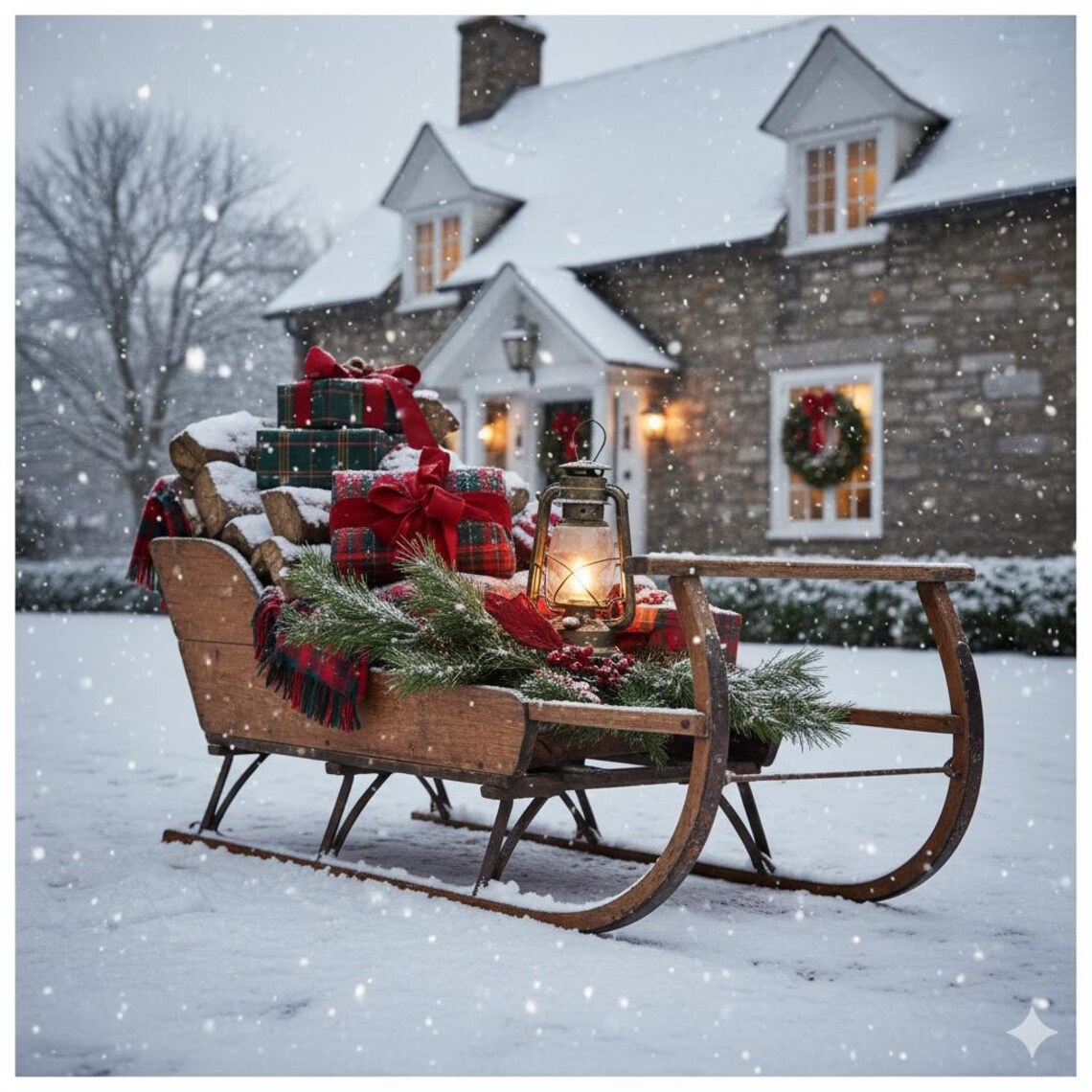 Cozy Winter Sleigh With Christmas Gifts and Lantern - Rustic Holiday ...