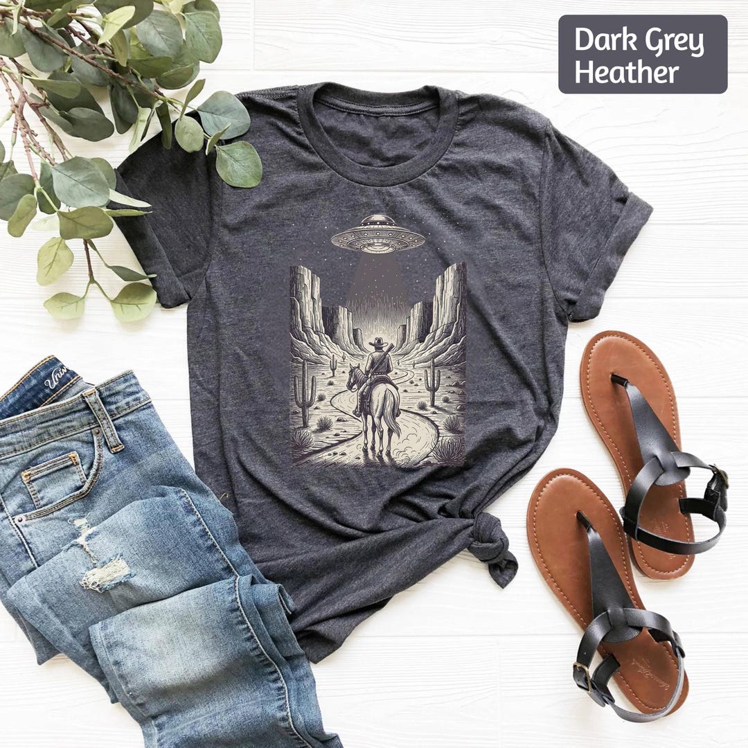 Cowboy Alien Abduction Shirt, UFO Desert Rider Western Tee, Horseback ...