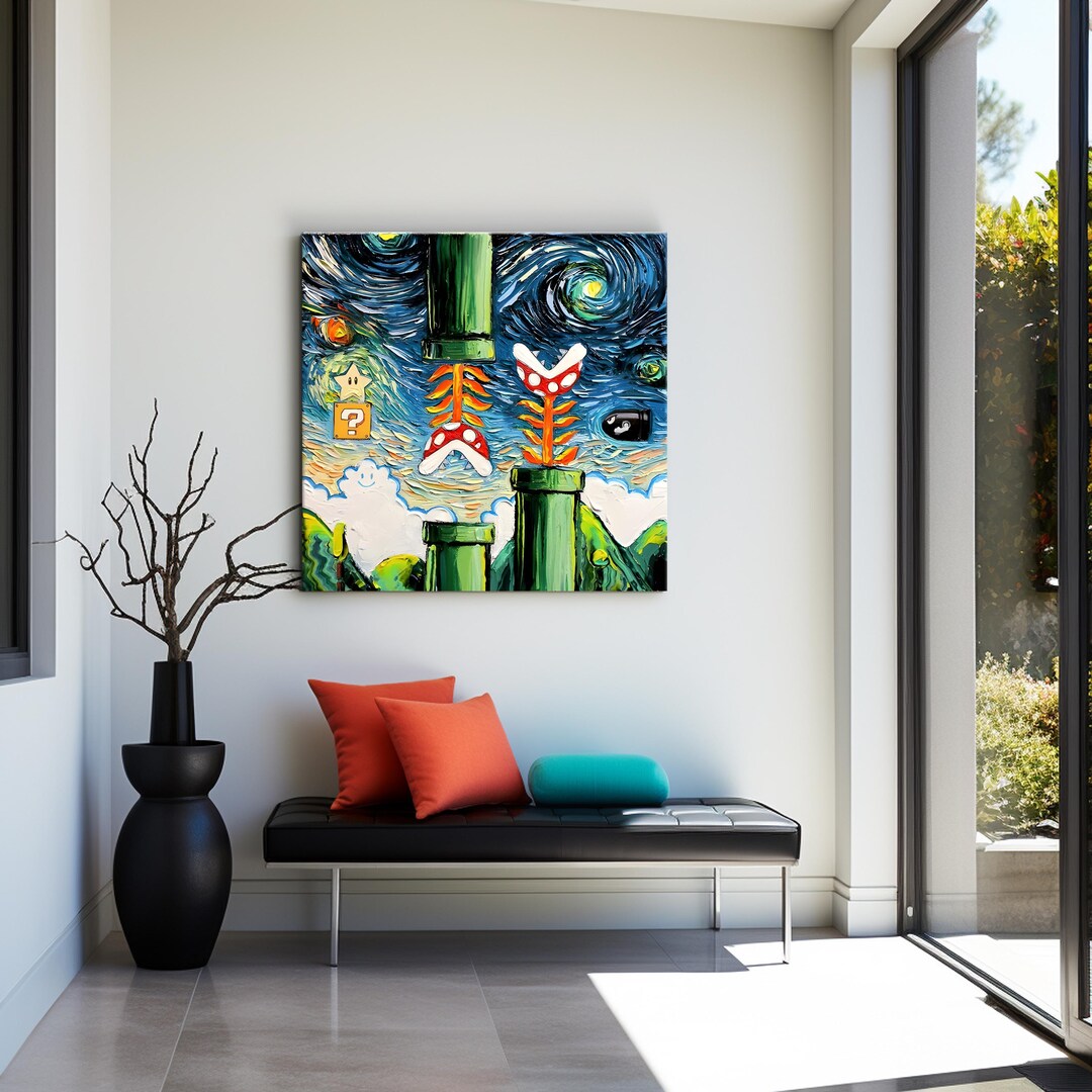 Starry Night Mario Canvas, Van Gogh Inspired Gamer Art - Etsy