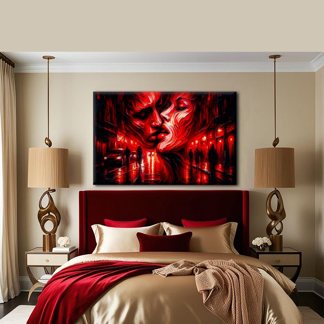 Red Kissing Couple Wall Art Canvas, Romantic Print Painting, Dramatic ...