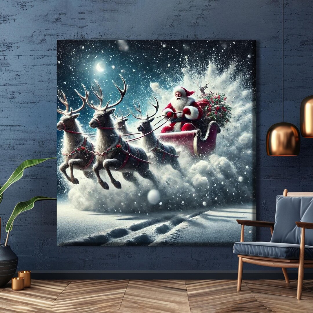 Santa Sleigh Snowstorm Christmas Canvas, Flying Reindeer Winter Wall ...