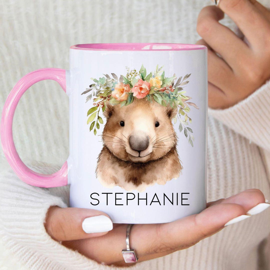 Personalised Wombat Mug: Wildflower Crown, Custom Name Gift Australian ...