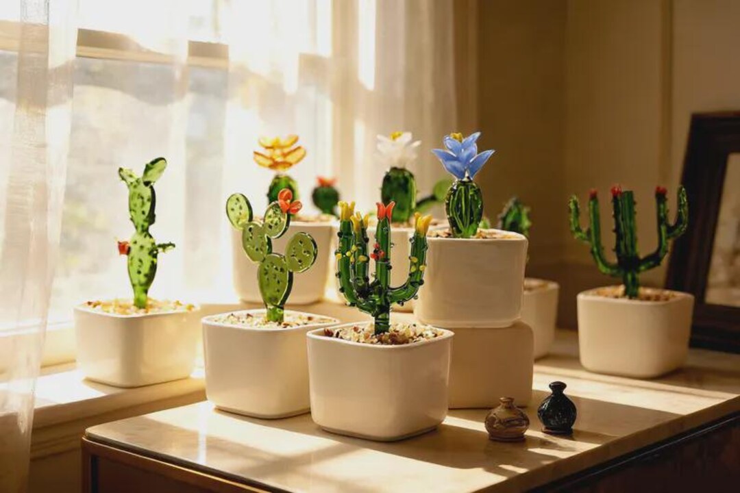 Hand Blown Glass Cactus Plant • Stained Glass Succulent Desk Decor (3.5 ...
