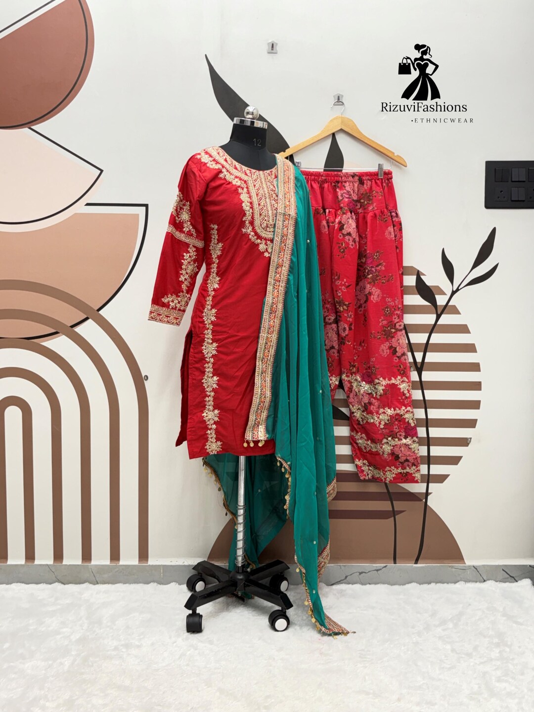 Embroidered Red Malay Silk Salwar Kameez, Sequence Work Dupatta, 3pc ...