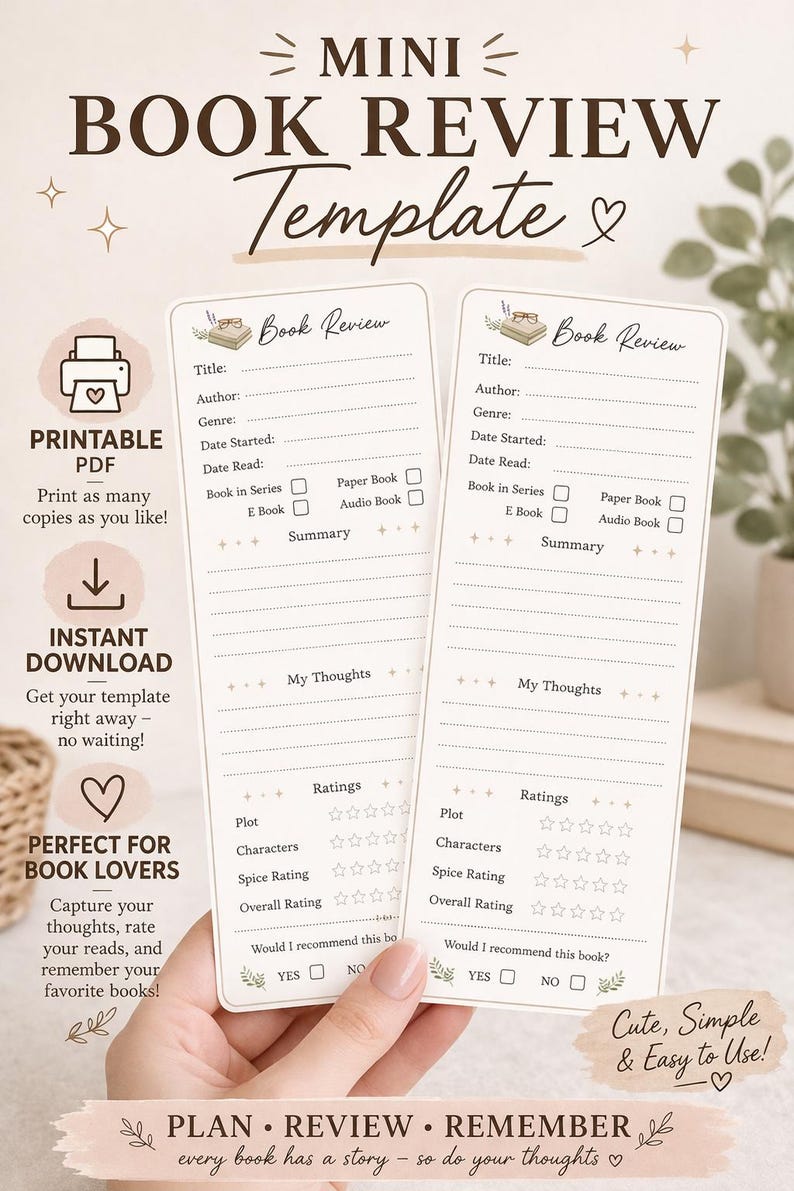 Mini Book Review Template PDF | Reading Journal Pages | Book Tracker ...