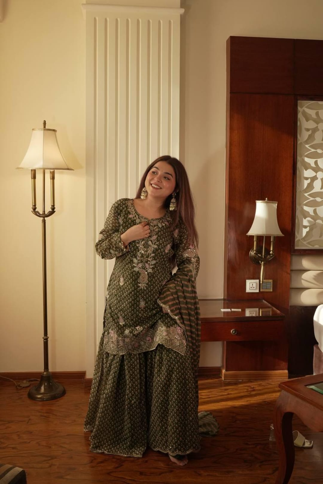 Printed Chinon Kurti Sarara Set With Embroidered Dupatta, Diamond Work ...