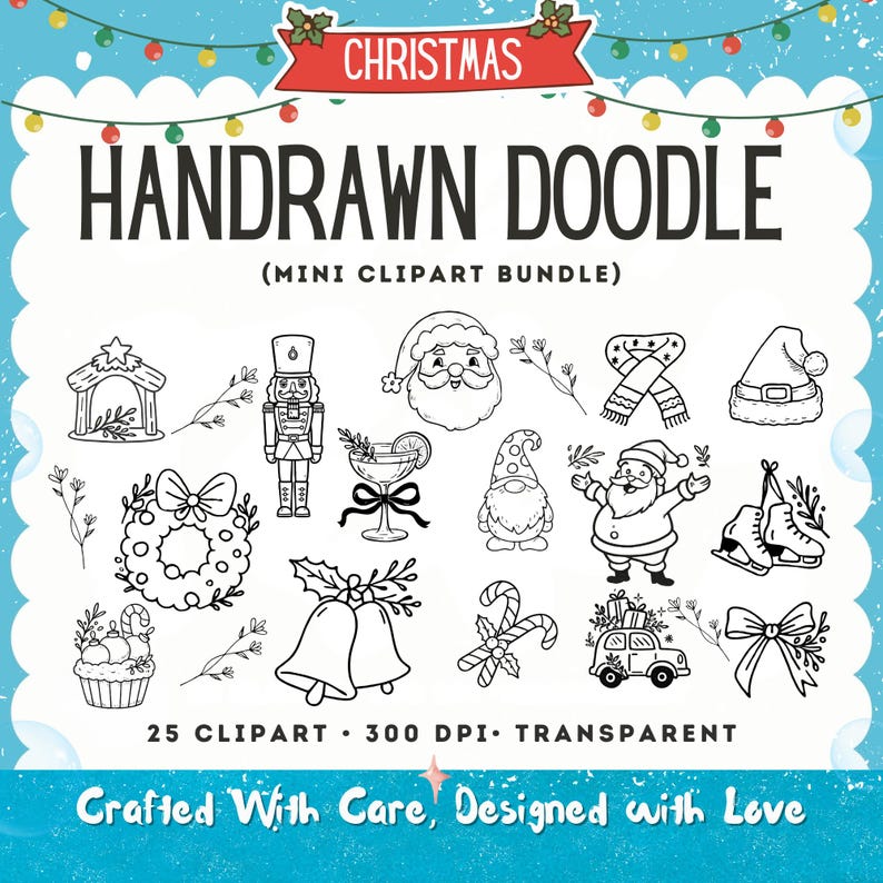 Hand Drawn Christmas Doodle Clipart Bundle | Black and White Holiday ...