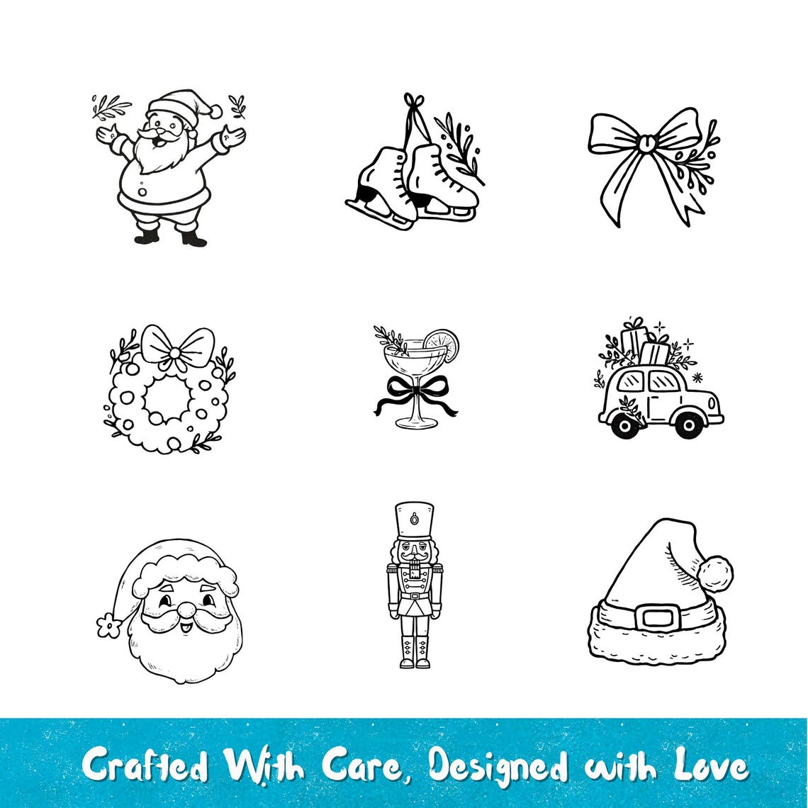 Hand Drawn Christmas Doodle Clipart Bundle | Black and White Holiday ...