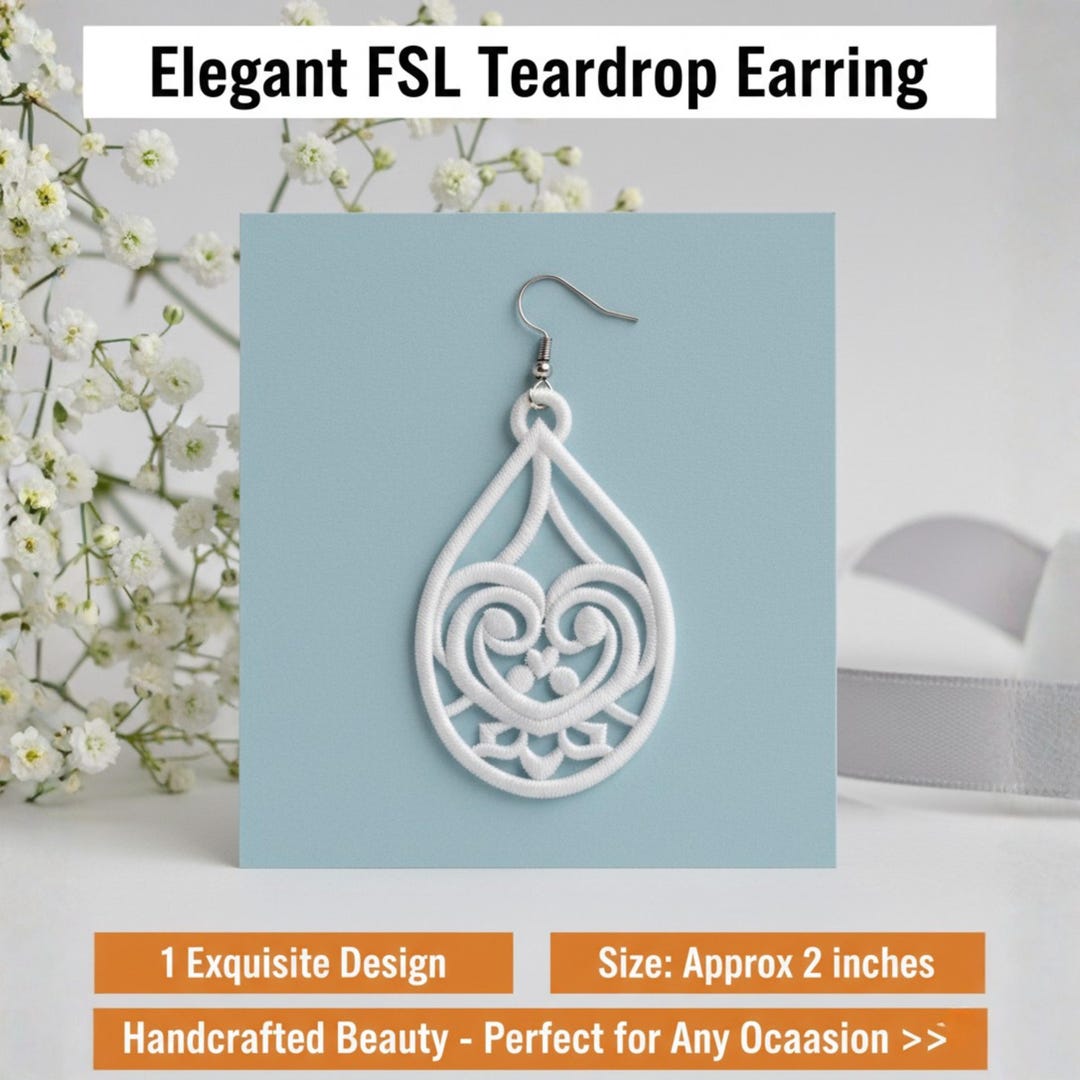 FSL Teardrop Earring Embroidery Design | Free Standing Lace Heart ...