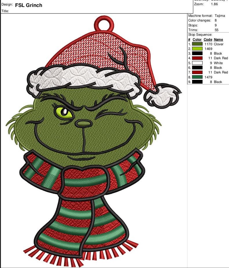 Grinch Head Christmas Ornament | FSL Embroidery Design (digital File ...