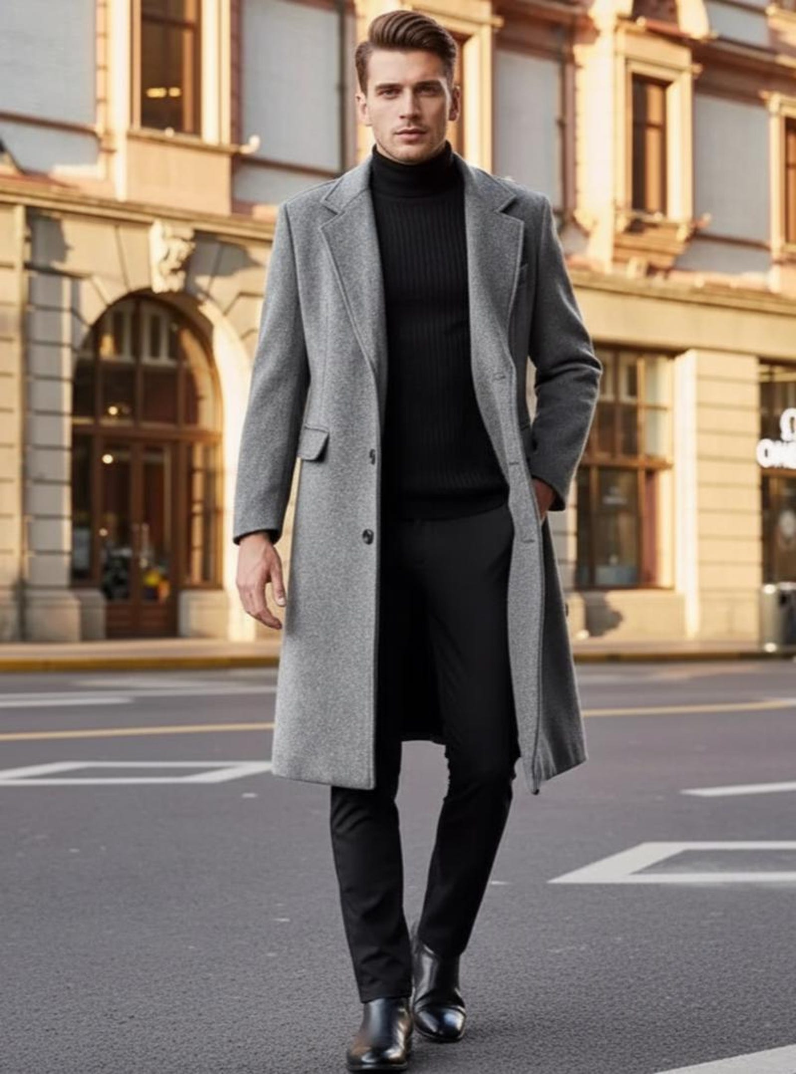 Men’s Black Long Wool Overcoat – Slim Fit Winter Coat, Classic Formal ...