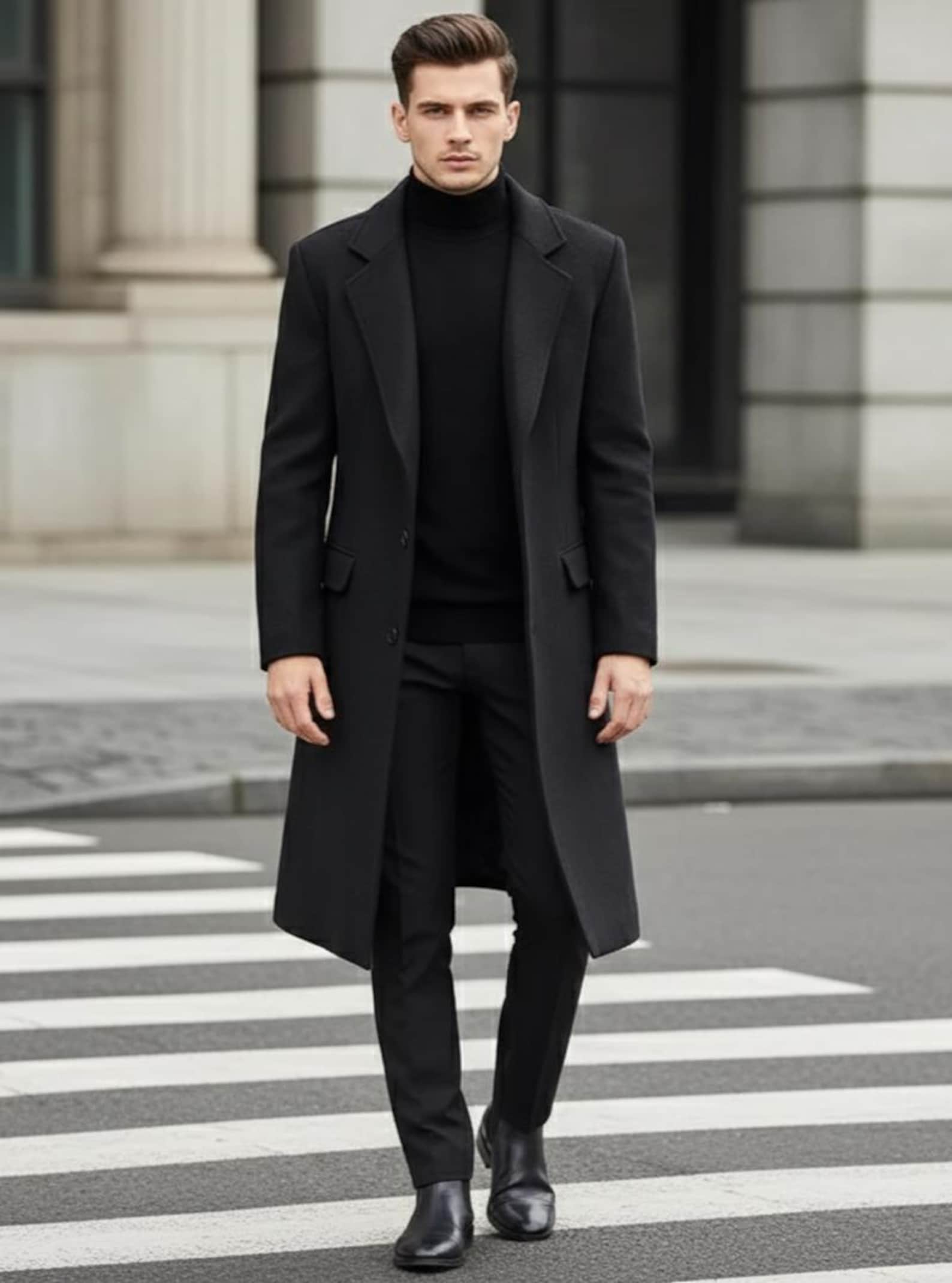 Men’s Black Long Wool Overcoat – Slim Fit Winter Coat, Classic Formal ...
