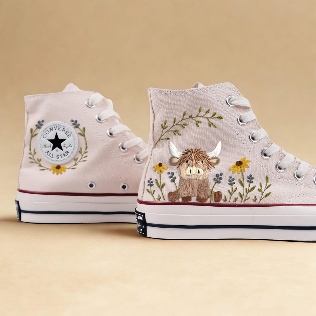 Cute Cow Embroidered Converse, Handmade Cream High Tops, Floral Animal ...