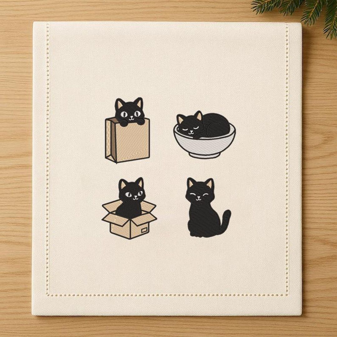 Cute Black Cat Embroidery Design Set, Kawaii Cat Machine Embroidery ...