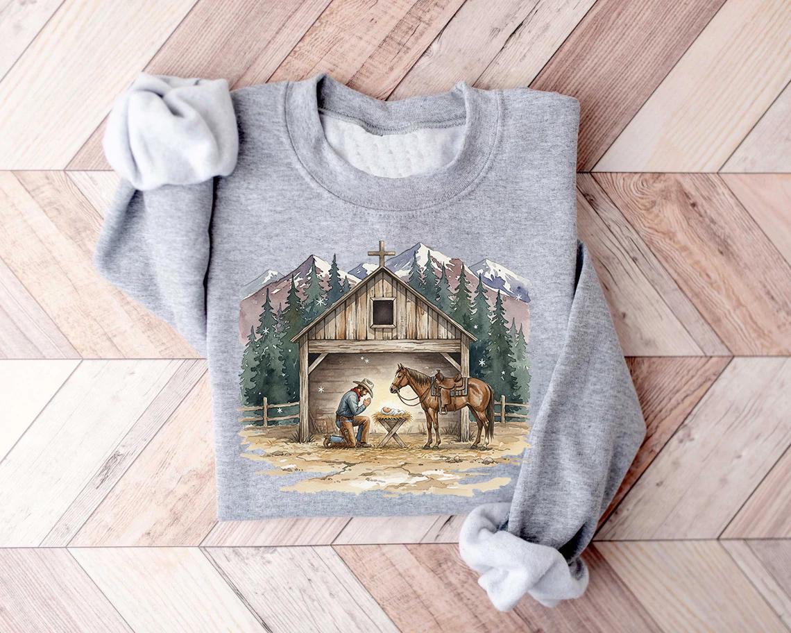 Praying Cowboy Nativity Sweatshirt, Western Christian Christmas Shirt ...