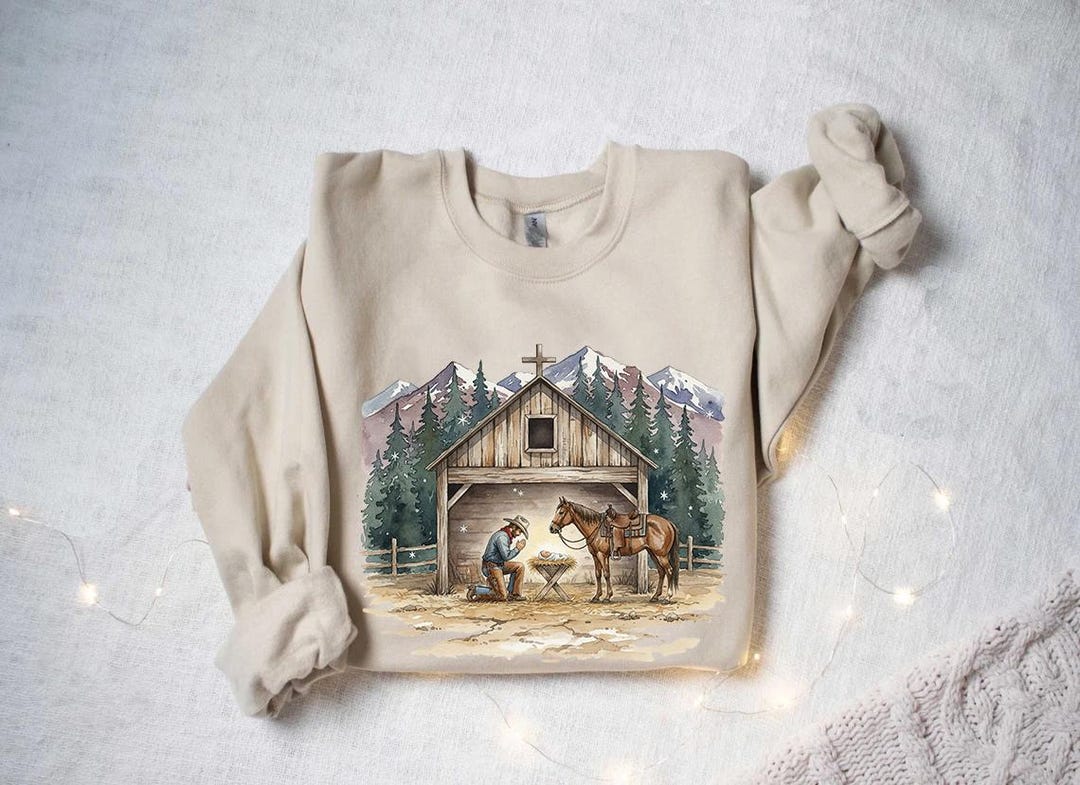 Praying Cowboy Nativity Sweatshirt, Western Christian Christmas Shirt ...