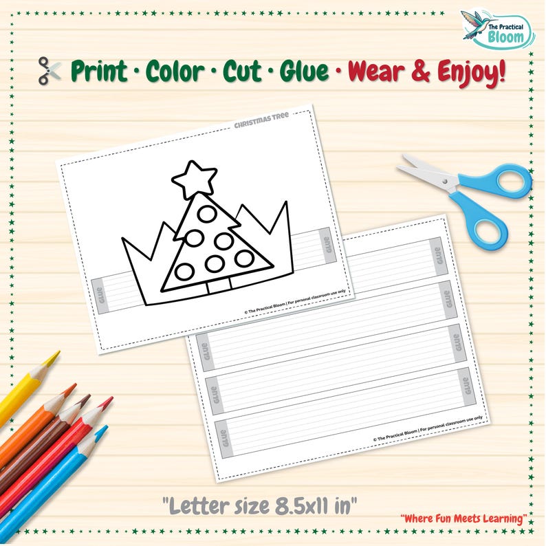 Christmas Tree Paper Crown | Christmas Headband Craft | Printable Color ...