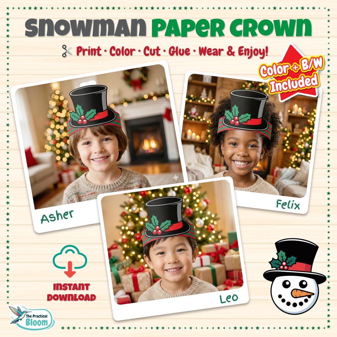 Snowman Paper Crown | Winter Printable Hat | Color & BW PDF - Etsy