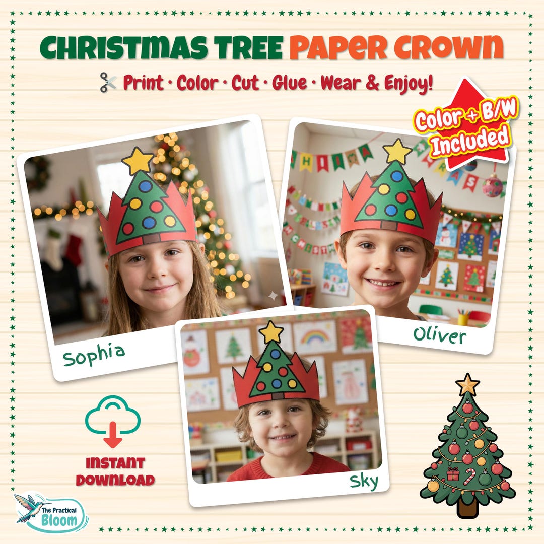 Christmas Tree Paper Crown | Christmas Headband Craft | Printable Color ...