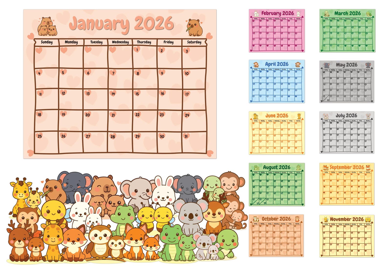 Kawaii Animal Calendar 2026 | Printable Planner (digital Download) - Etsy