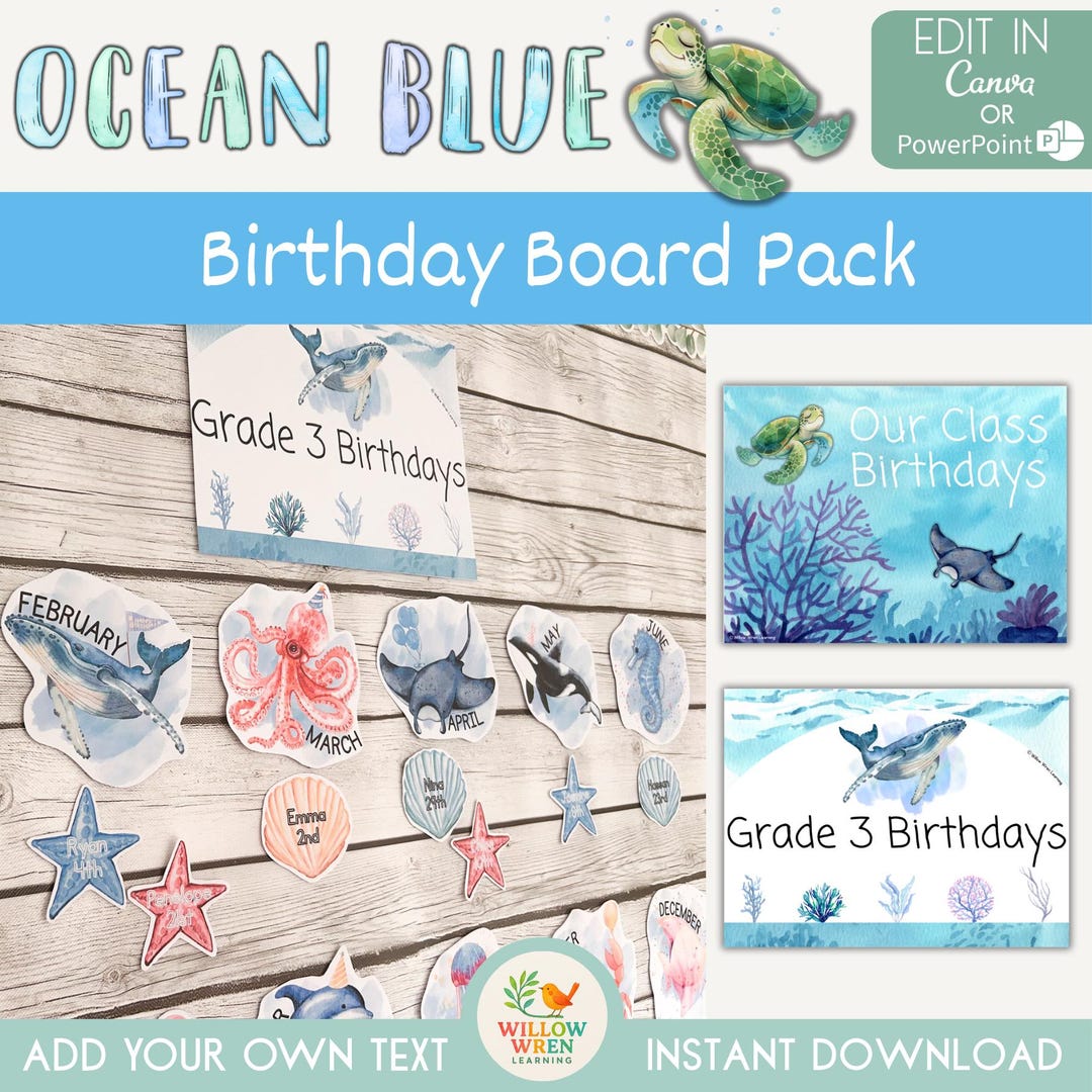 Sea Creature Birthday Board | Ocean Blue Classroom Decor (canva ...