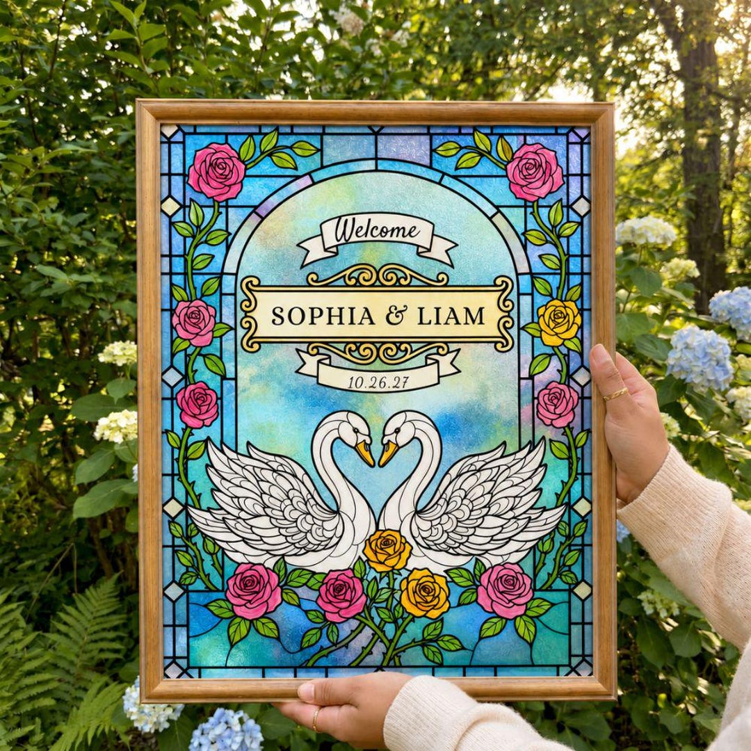 Editable Swan Stained Glass Wedding Sign Canva Template, Personalized ...