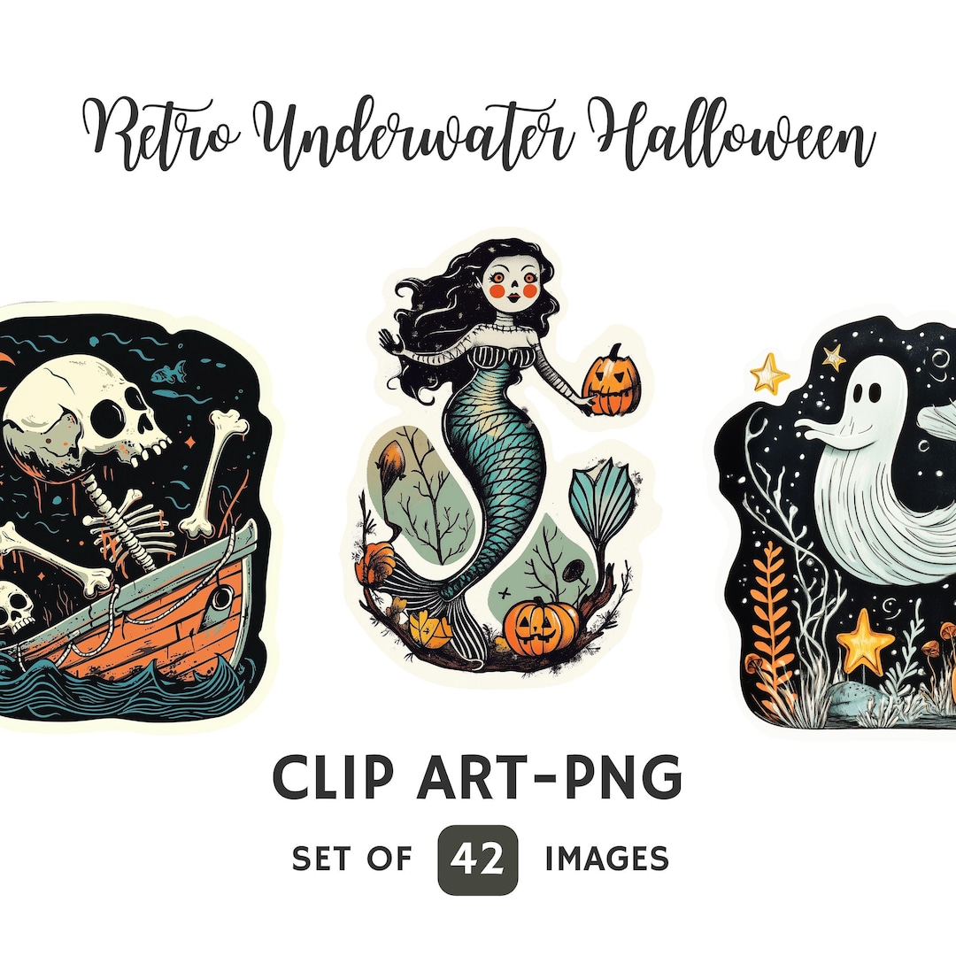 Retro Halloween Clipart: 42 Spooky Underwater PNG Images (digital ...