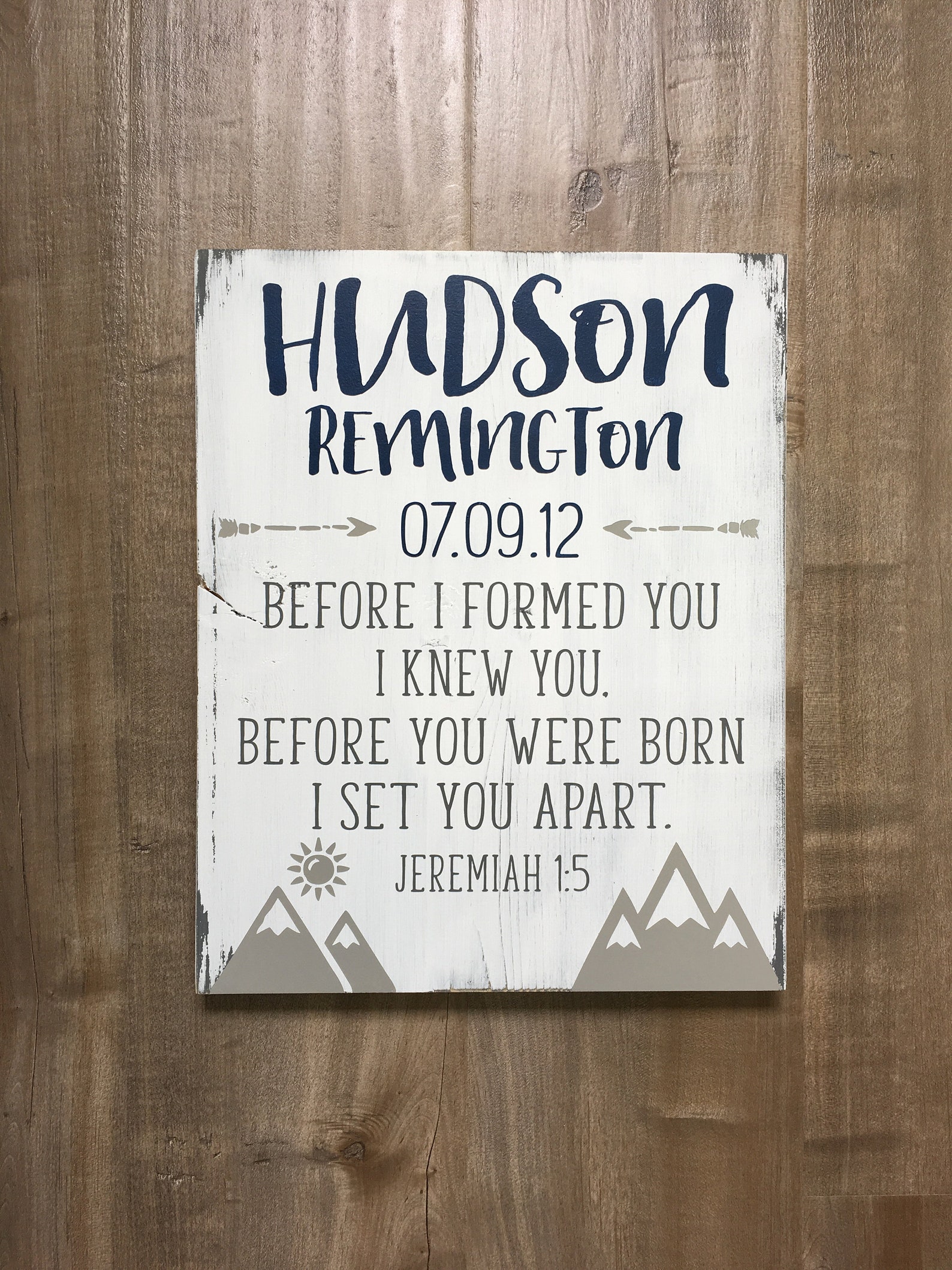 Child's Name and Birth Date Sign With Mountains Arrows | Etsy