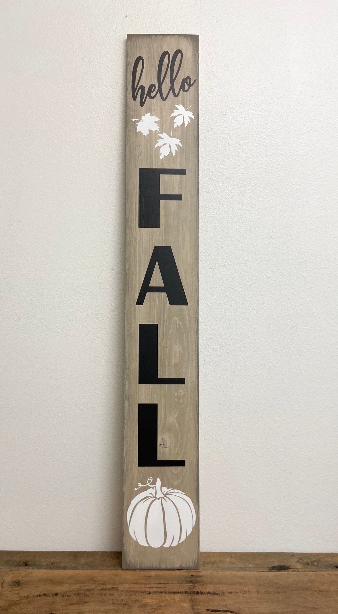 Hello Fall Porch Sign With Leaves and a Pumpkin Farmhouse Style Wood ...