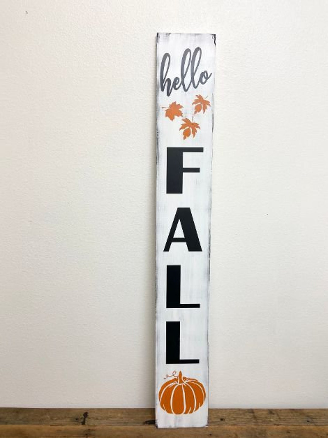 Hello Fall Porch Sign With Leaves and a Pumpkin Farmhouse Style Wood ...