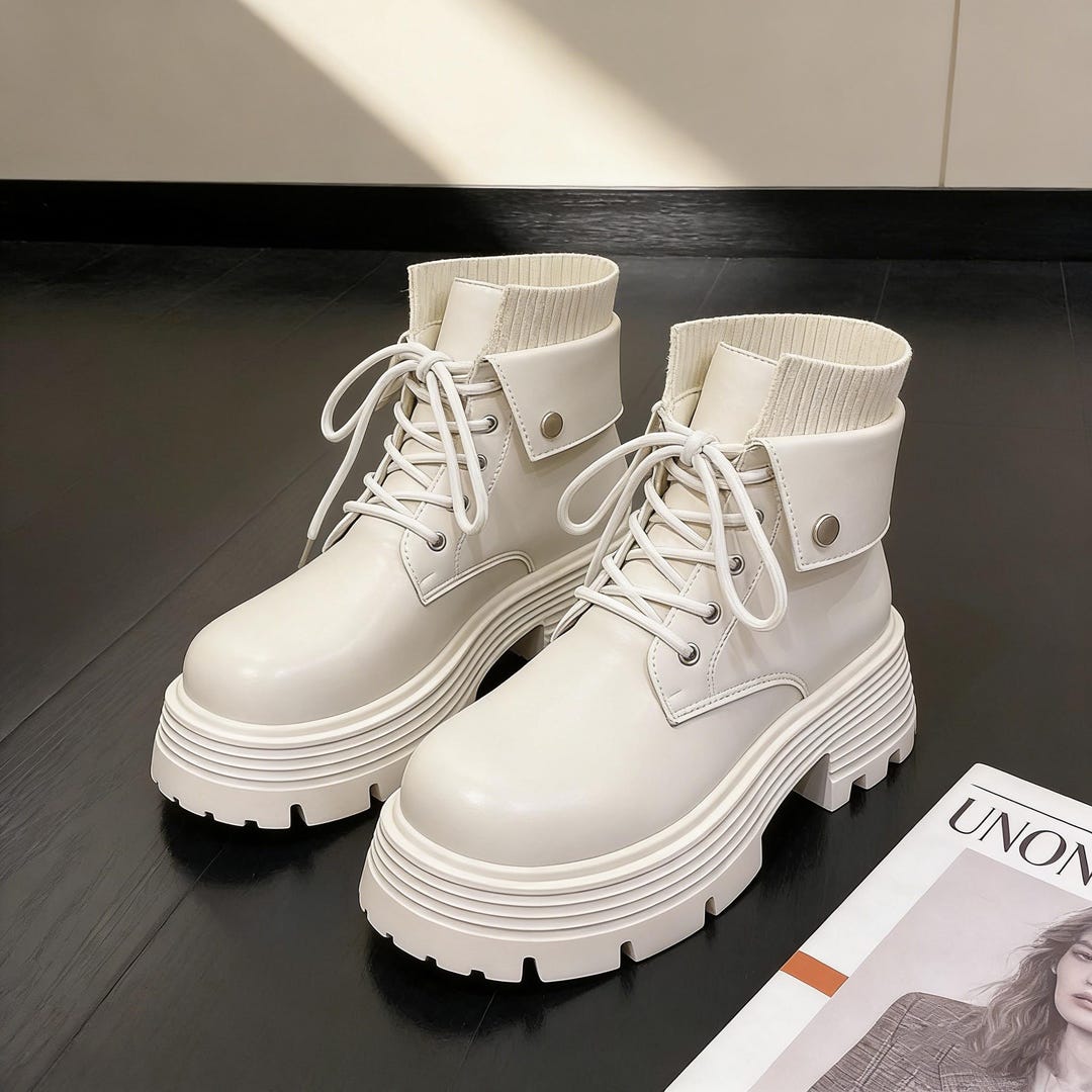Handmade Cream Combat Boots, Ribbed Knit Cuff,leather Boots, Chunky ...