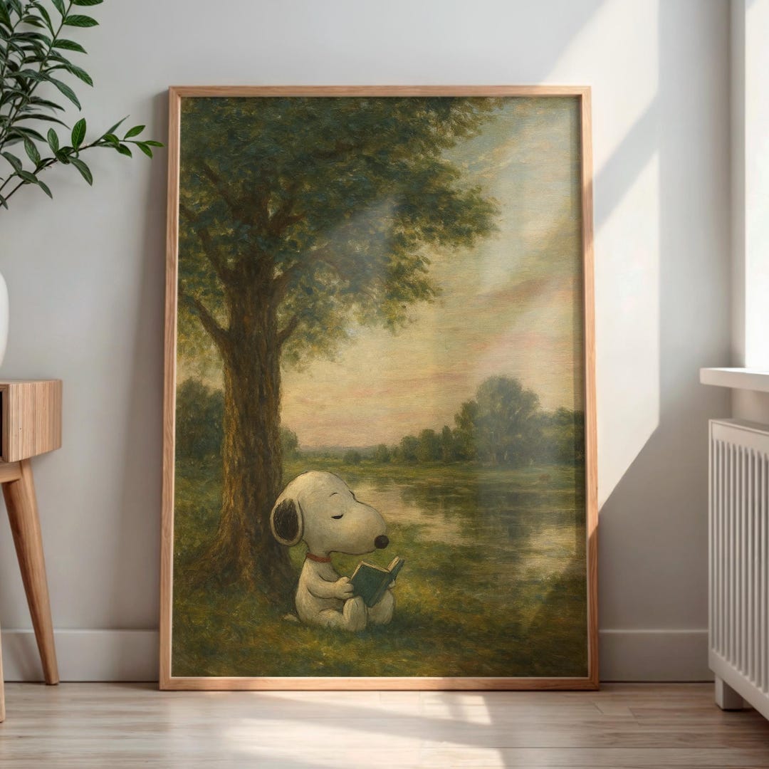 Snoopy Reading Poster, Peaceful Wall Art, Whimsical Dog Illustration ...