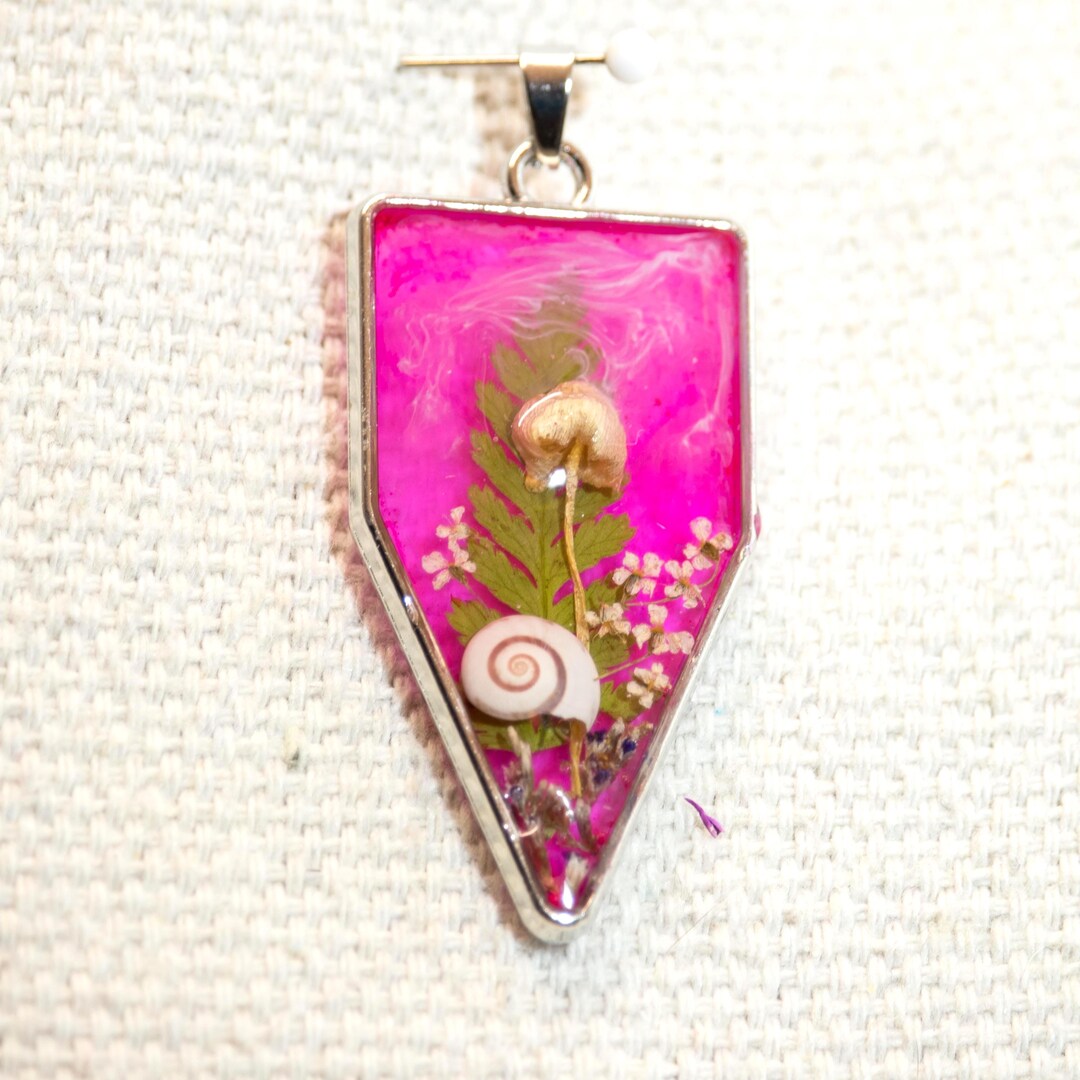 Pink Mushroom & Snail Shell Necklace, Real Fern Resin Pendant, Silver ...