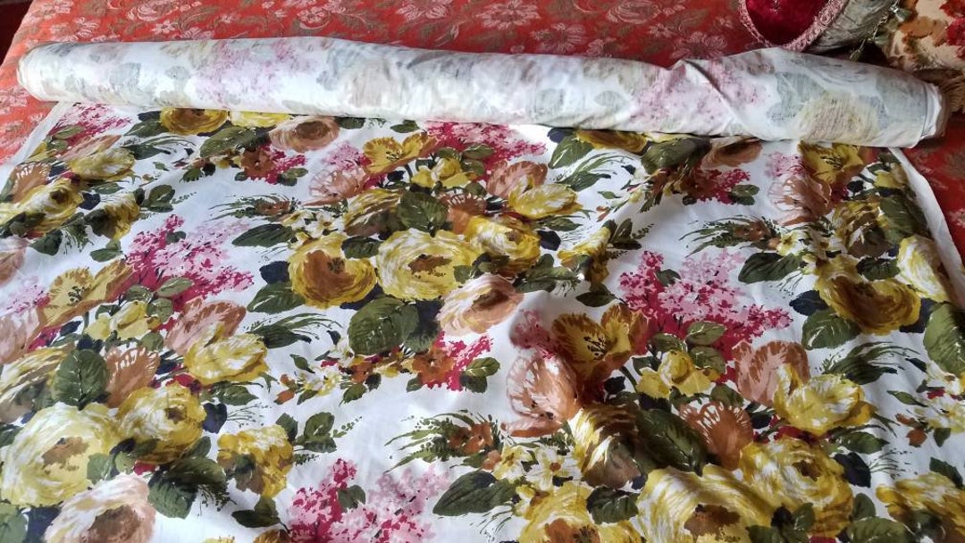 Vintage Floral 1940s Bark Cloth or Poplin by the Yard, 4 Yards ...