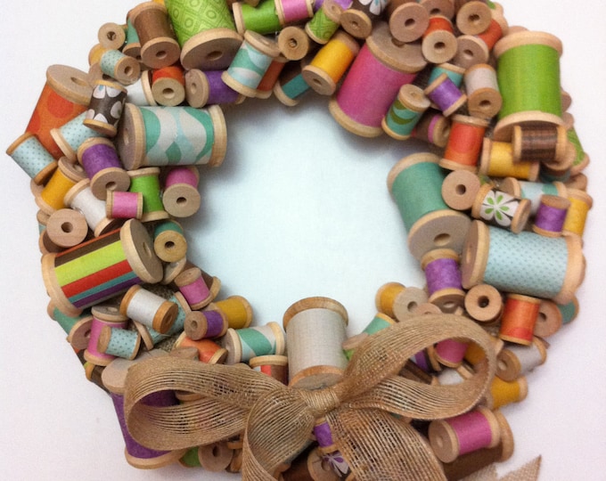 Colorful Wooden Spool Wreath With Burlap Bow - Etsy