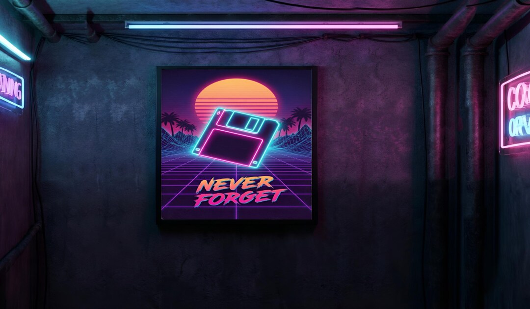 Retro Floppy Disk Poster, Synthwave Wall Art, "never Forget" Neon Tech ...