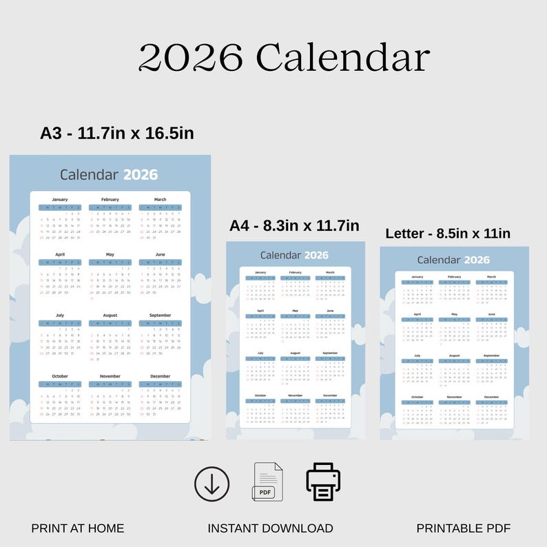 2026 Sunday Start Year Calendar (A4, A3, US Letter), 2026 Year At-a ...