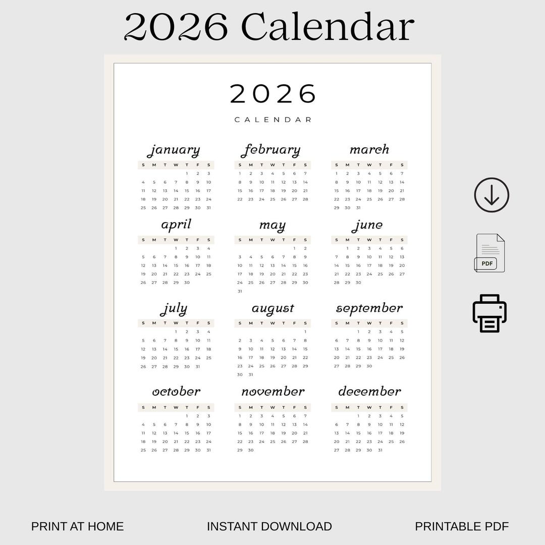 2026 Year Calendar (A3, A4, US Letter), Minimalist Printable PDF ...