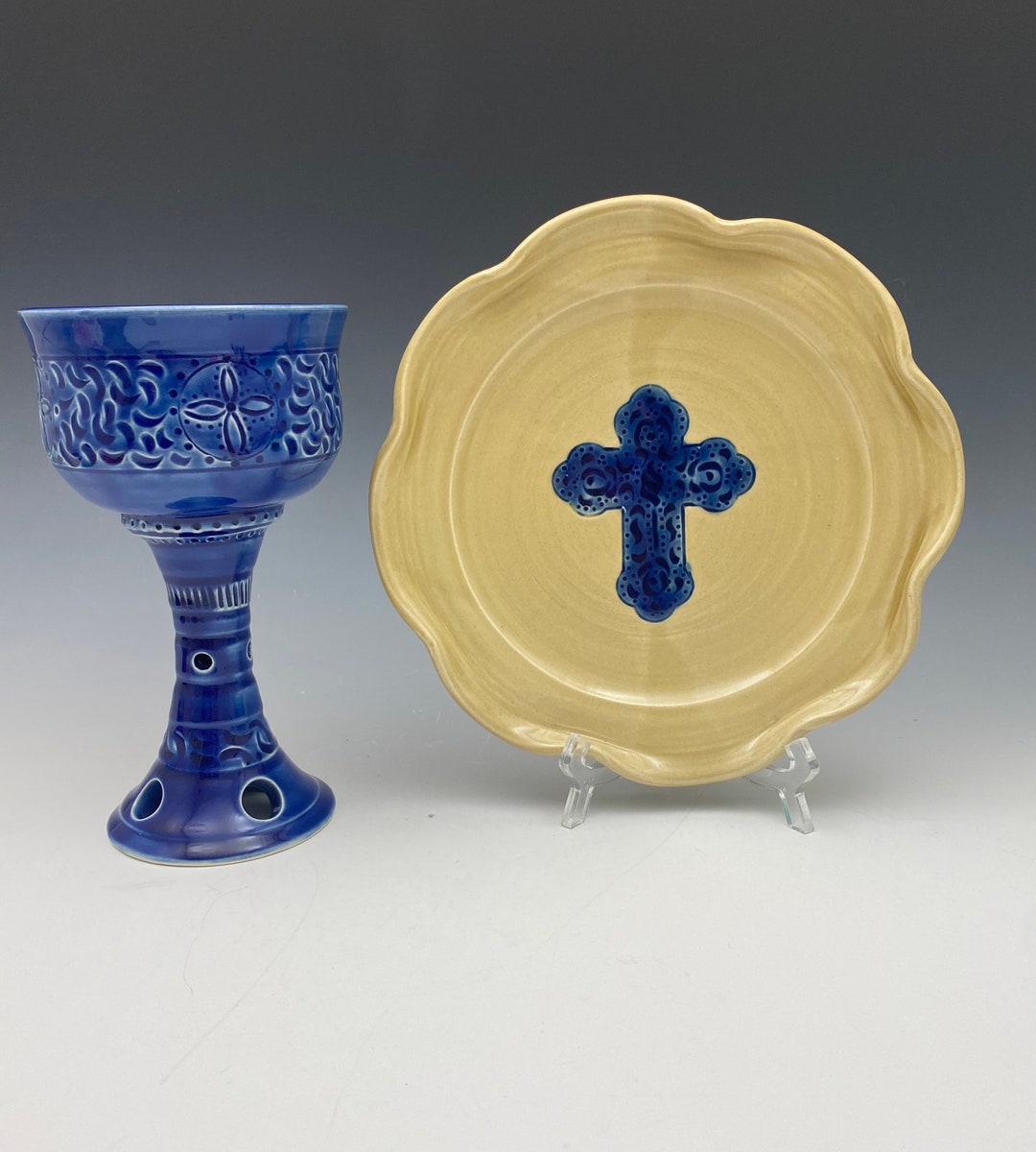 Cobalt Blue Chalice and Gold Paten Set With Intricate Carving - Etsy