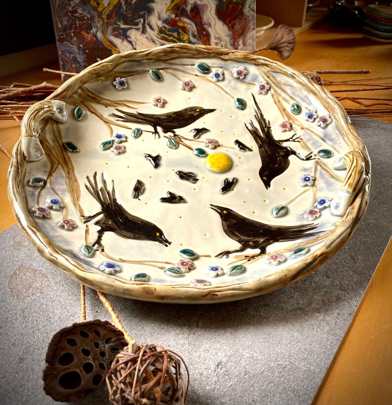 Handmade Ceramic 13" Decorative Platter With Crow Design / Gathering ...